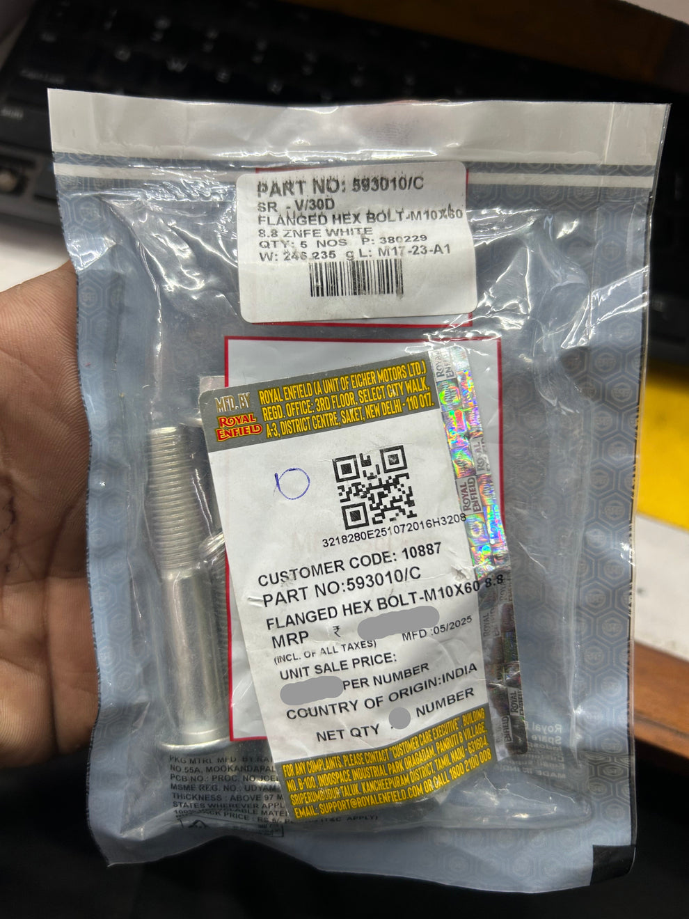 Royal Enfield M10x60 Flanged Hex Bolt 593010/C – Genuine Fastener for ...